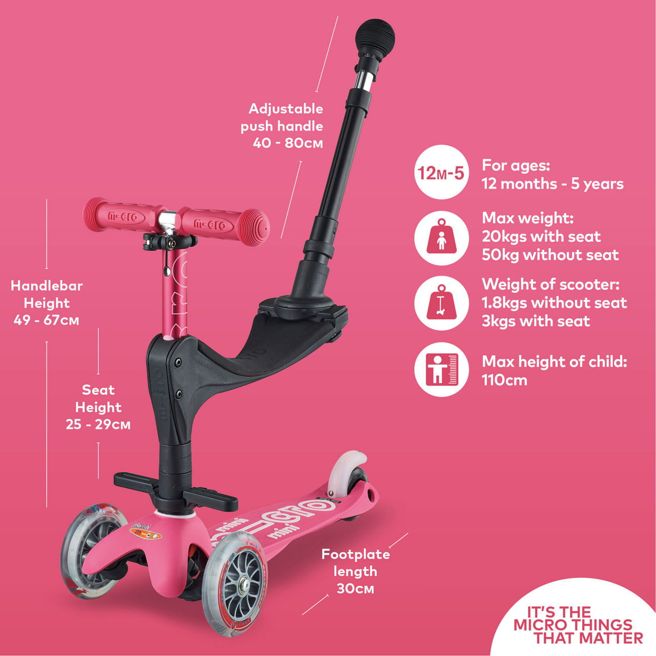 Girls Mini Micro 3in1 Deluxe Push Along Scooter