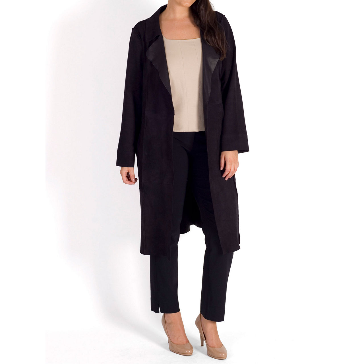 CHESCA Suede Coat With Raised Seam Detail