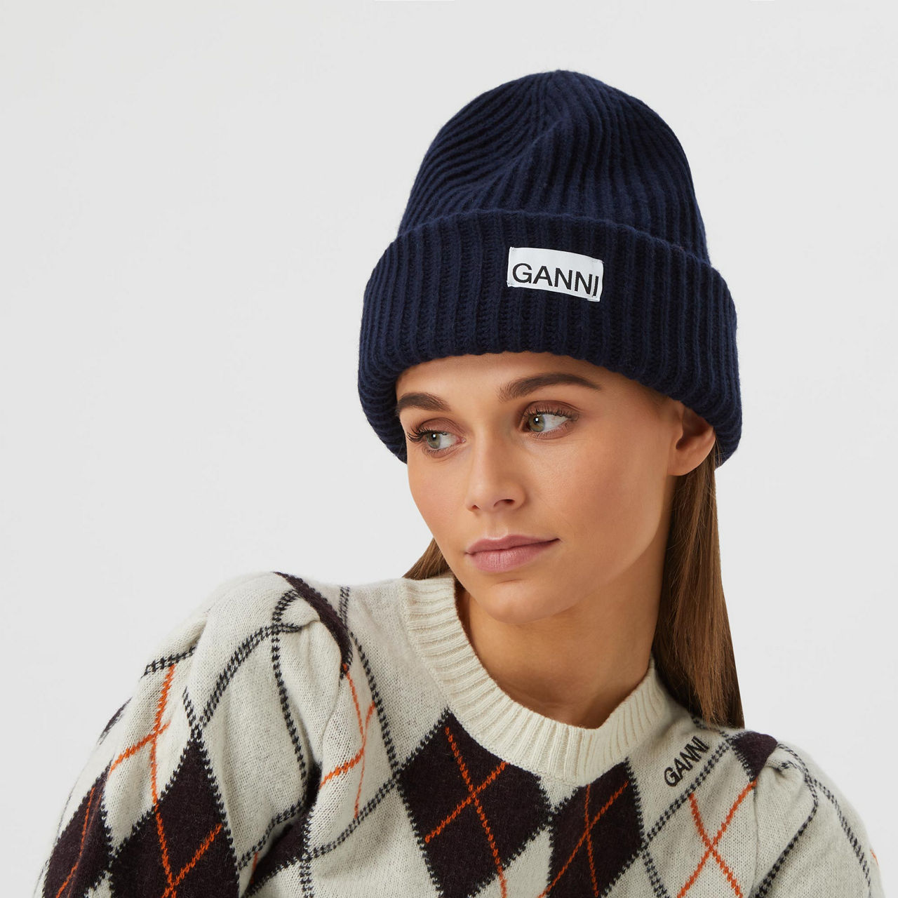 GANNI Logo Rib Knit Beanie Hat