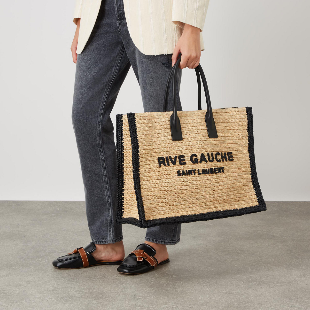 SAINT LAURENT Rive Gauche Raffia Tote Bag