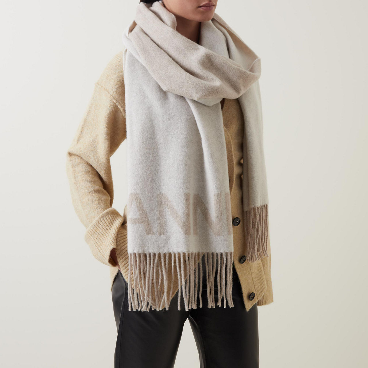 GANNI Logo Fringe Wool Scarf