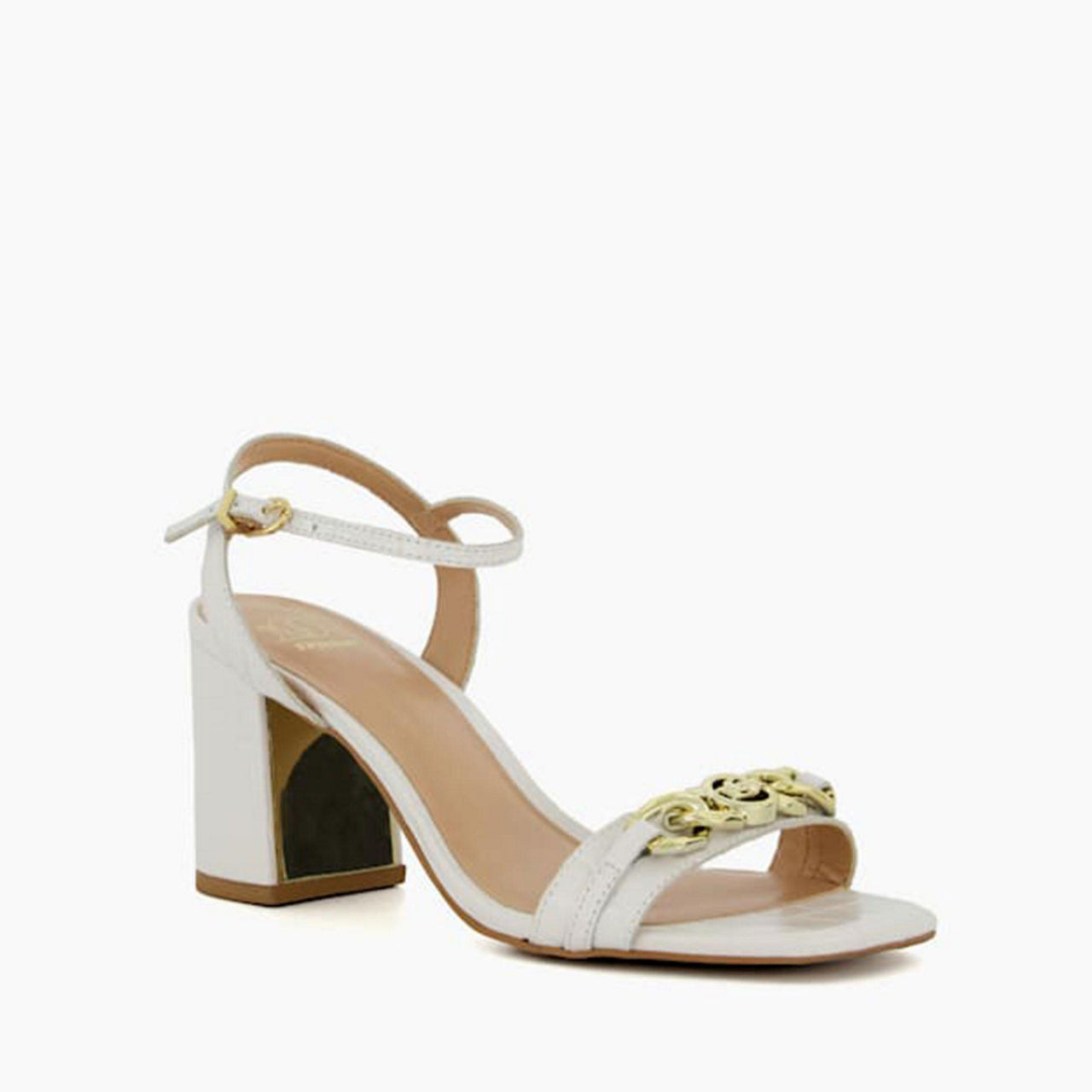 DUNE LONDON Manual Branded-Chain-Trim Block-Heel Sandals