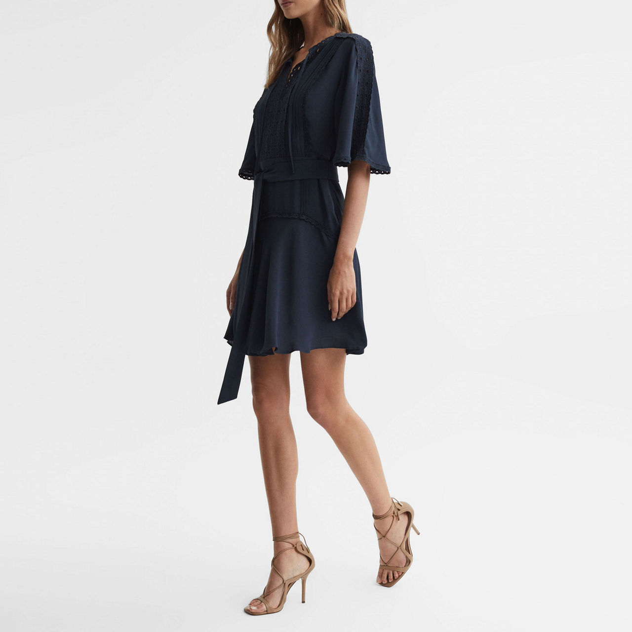 REISS Felicity High Neck Lace Mini Dress