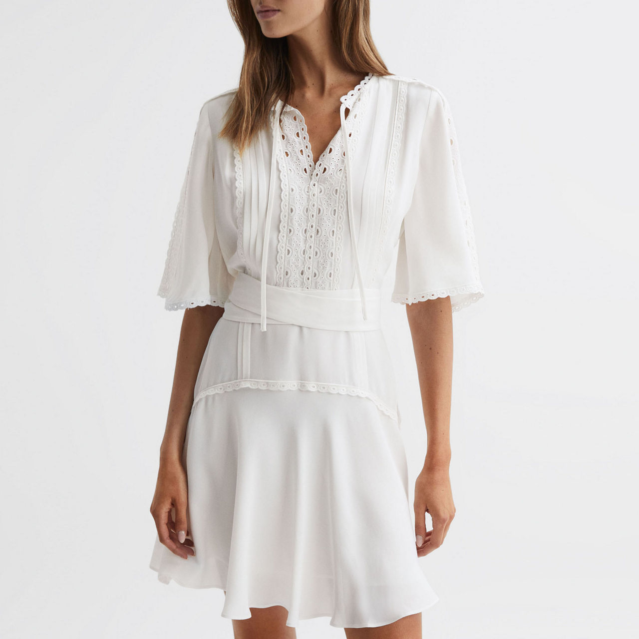 REISS Felicity High Neck Lace Mini Dress