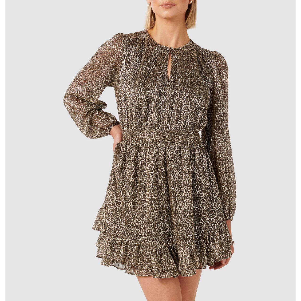 Forever New Goldie Long Sleeve Plissé Mini Dress