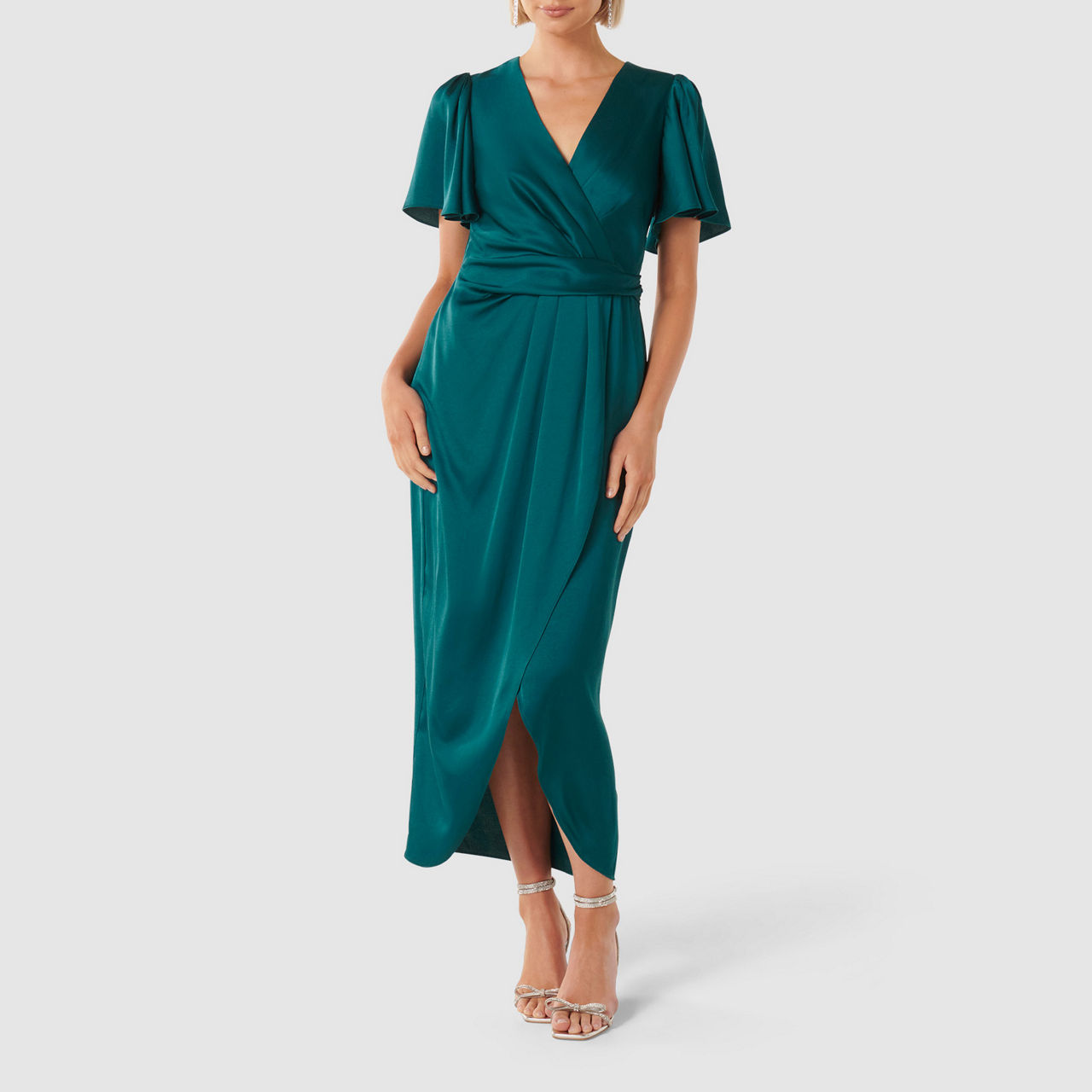 FOREVER NEW Estelle Satin Flutter Sleeve Midi Dress