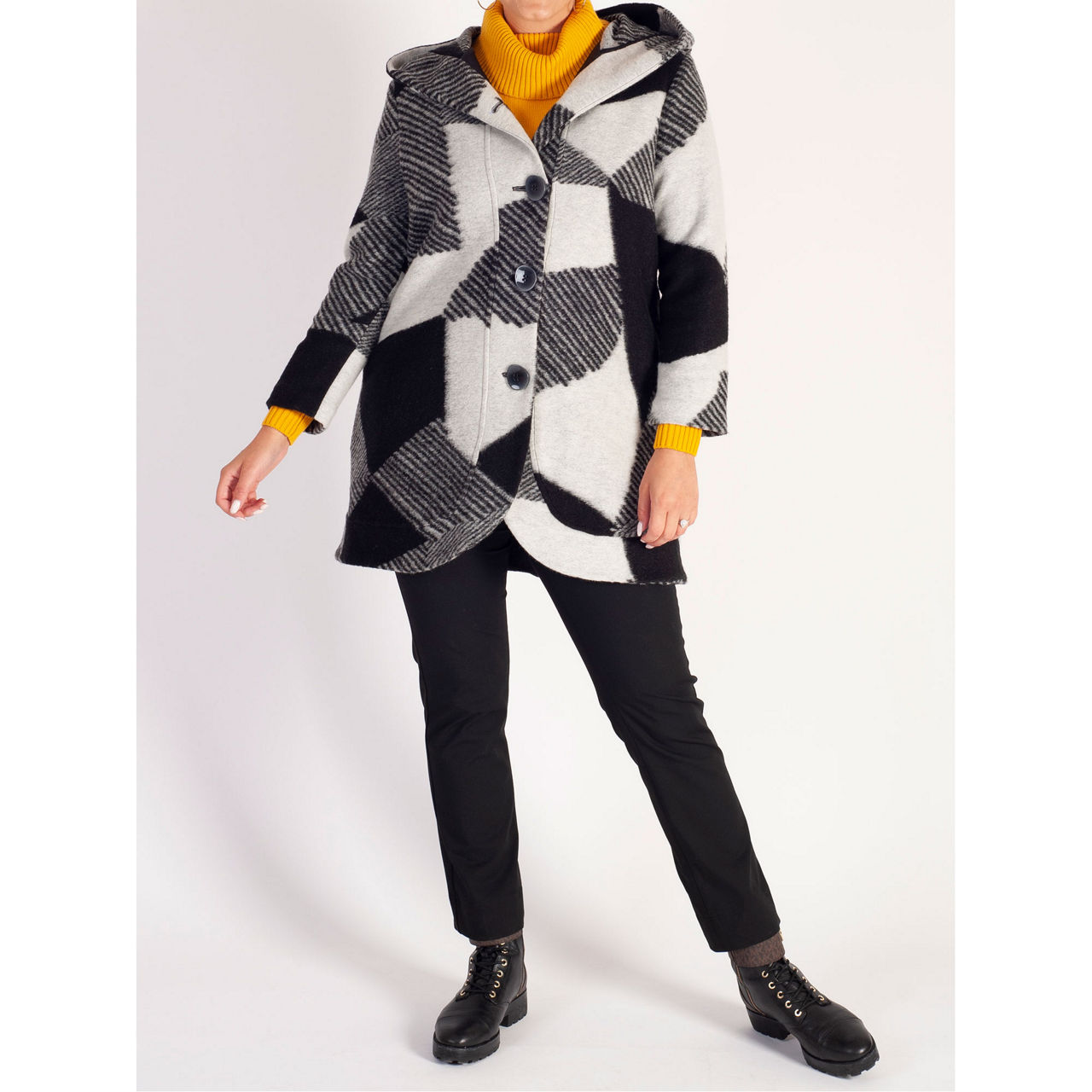 Patchwork Wool-Blend Hooded Coat