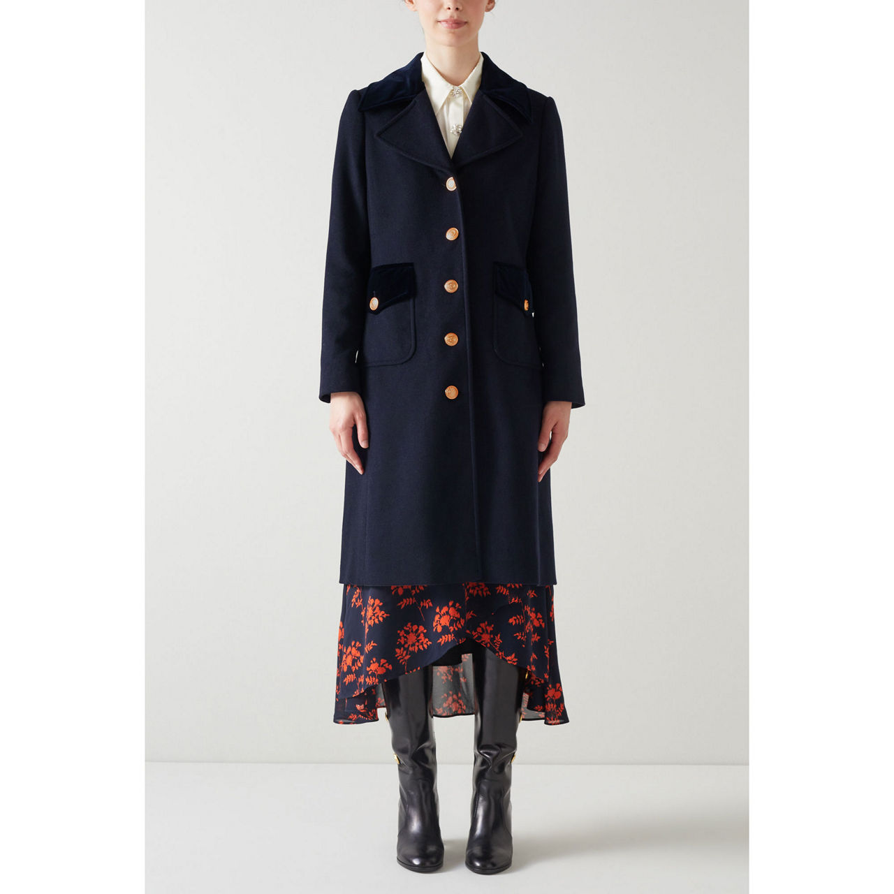 LK BENNETT Lily Velvet Trimmed Wool Coat