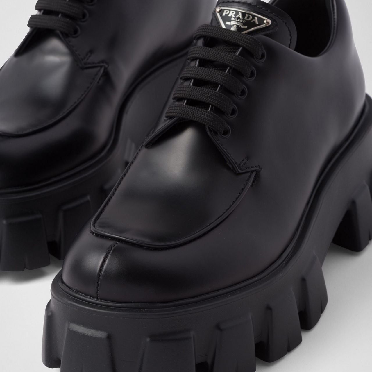 PRADA Monolith Brushed Leather Lace-Up Loafers