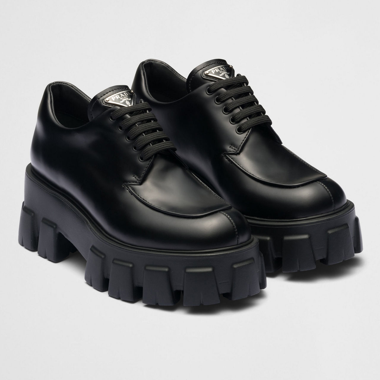 PRADA Monolith Brushed Leather Lace-Up Loafers