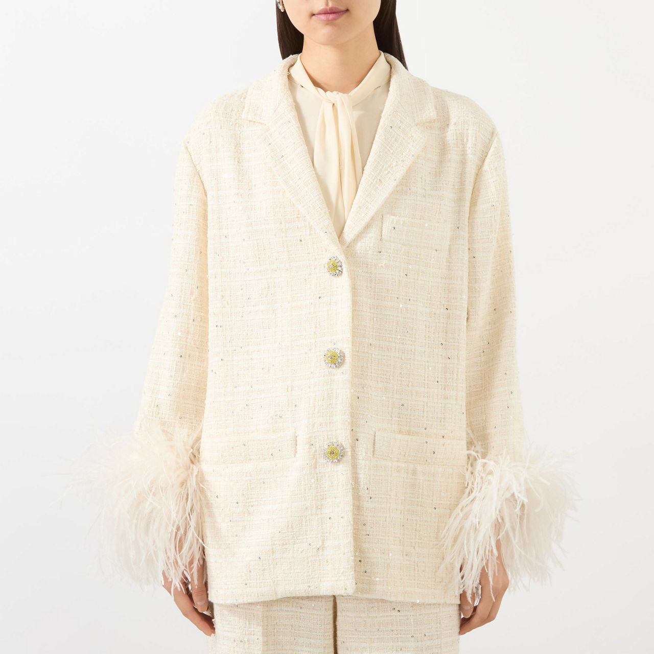 VALENTINO Tweed Feather-Trim Blazer