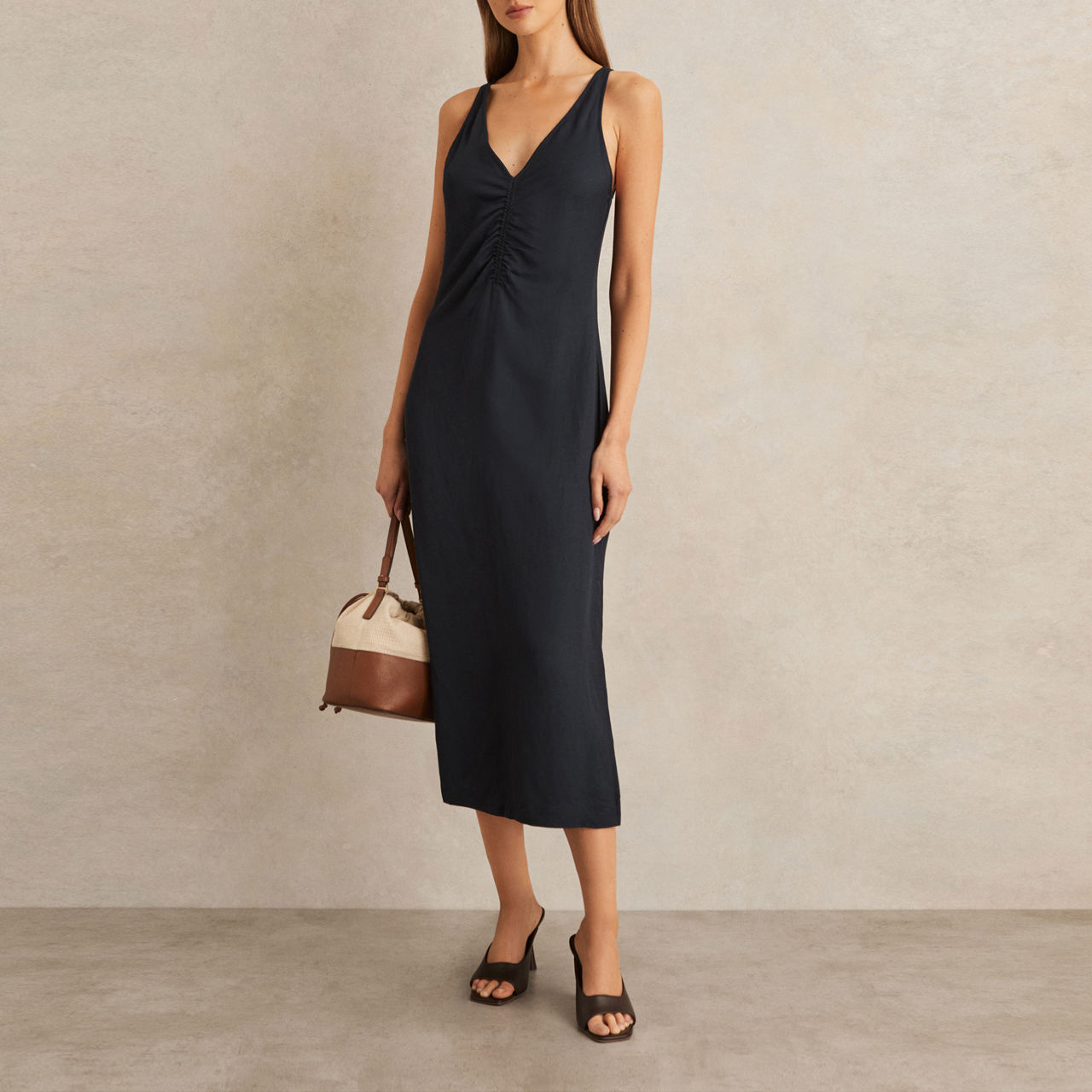 REISS Pari Ruched Linen Dress