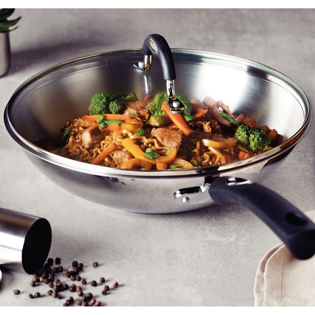 TRAMONTINA Stainless Steel Wok with Glass Lid 28cm